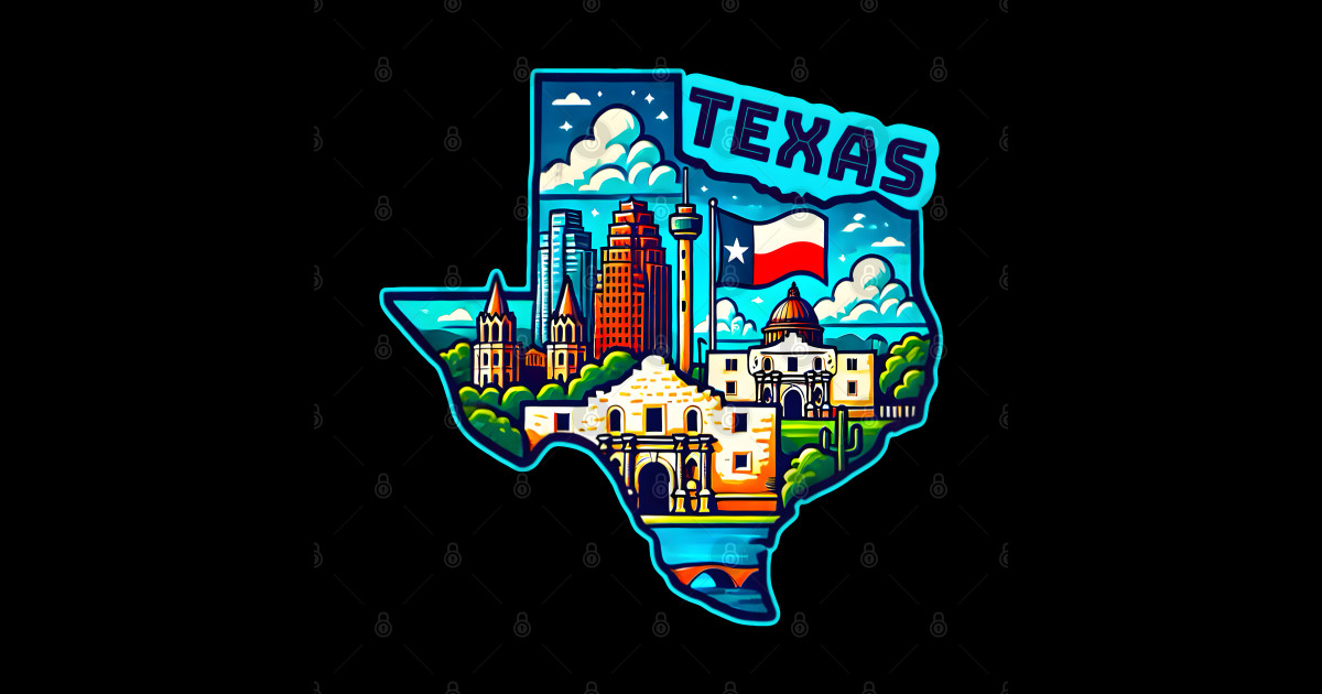 Vibrant Texas USA State Map with Iconic Landmarks and Skyline Design ...
