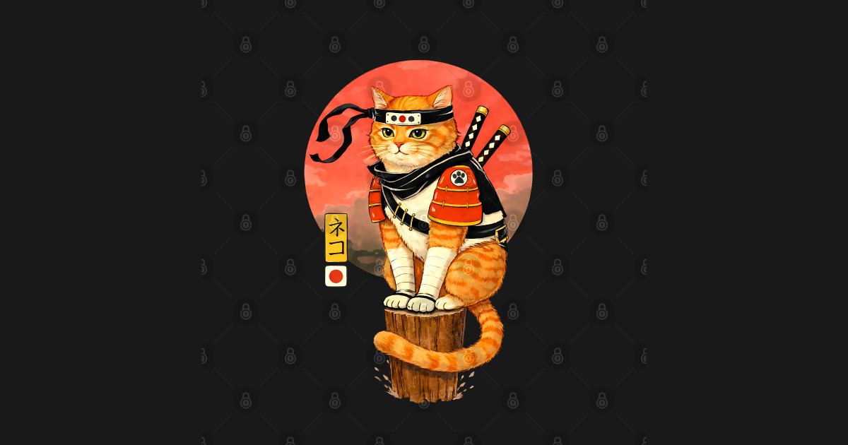 Samurai Cat Warrior Japanese Neko Katana - Japanese Cat - T-Shirt ...