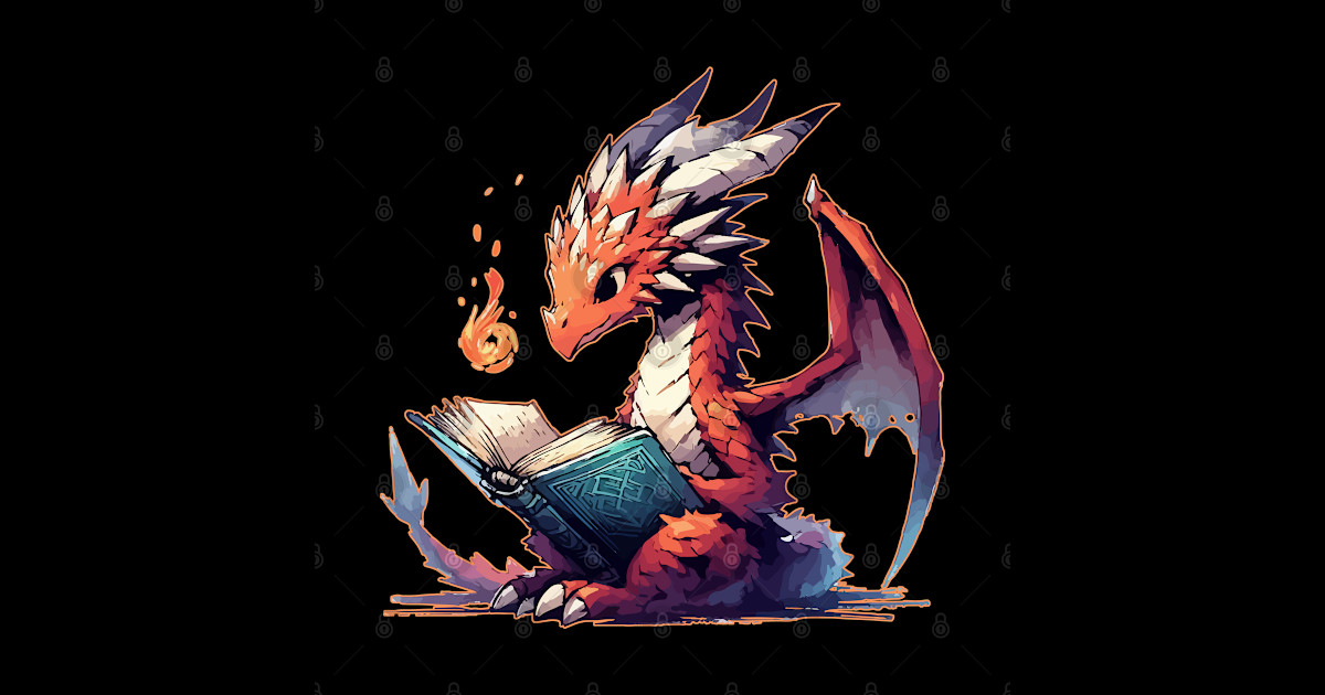 Fantasy Magical Red Dragon Reading Book - Fantasy Reader - Sticker ...