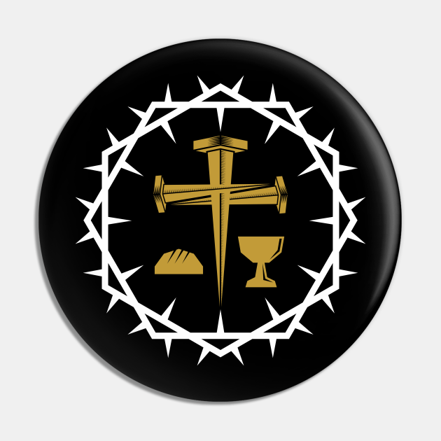 A cross made of nails, symbols of Holy Communion framed by a crown of ...