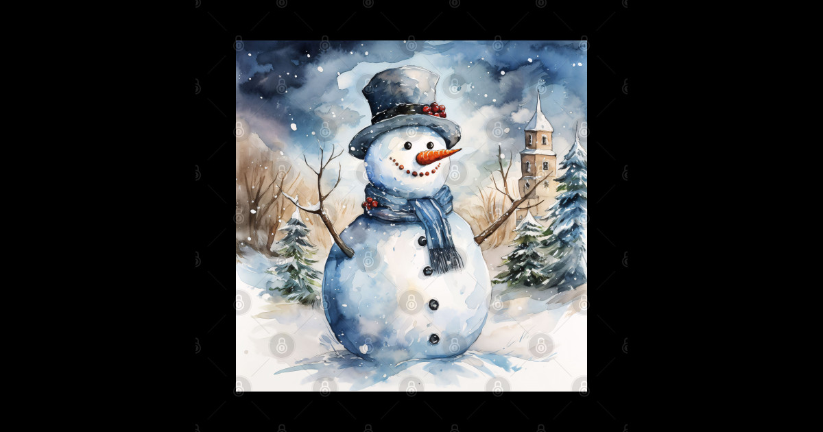 Happy Watercolor Snowman in a Snowy Winter Scene - Snowman Christmas ...