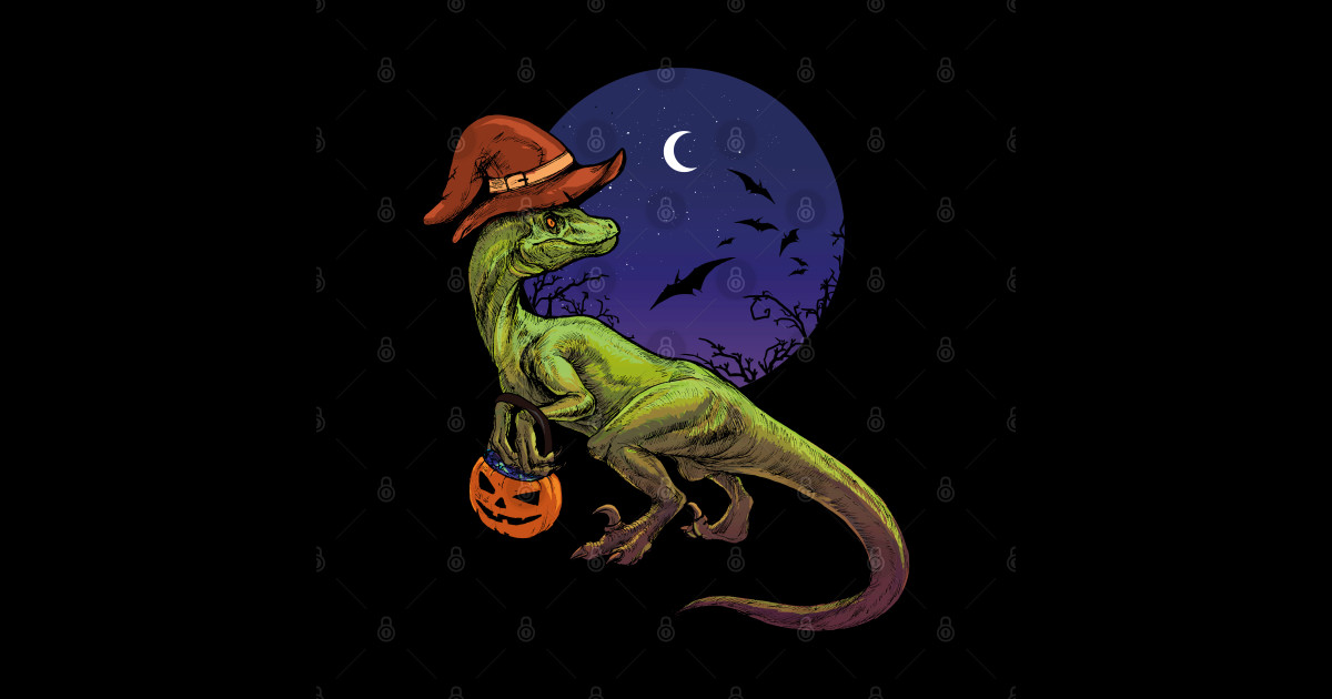 Halloween raptor t rex with pumpkin jack o'lantern and sweets ...