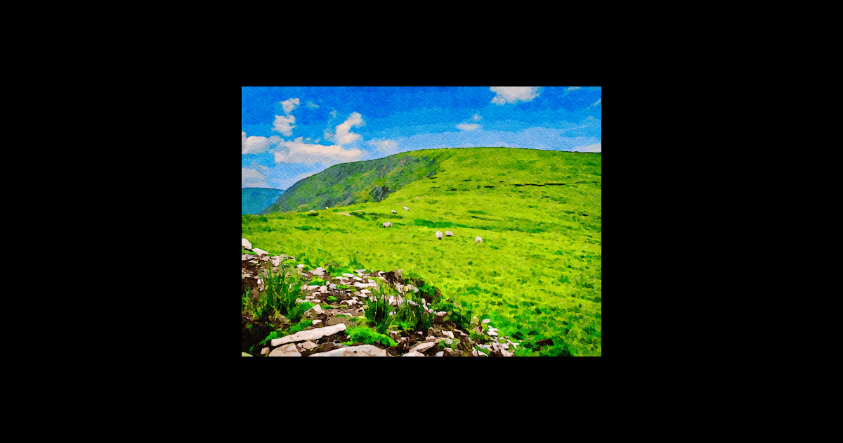 Watercolor landscape of Conor Pass with sheep grazing in Ireland ...