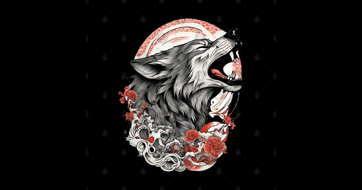 Vintage Japanese Tattoo Art Howling Wolf - Wolf Art - Magnet | TeePublic