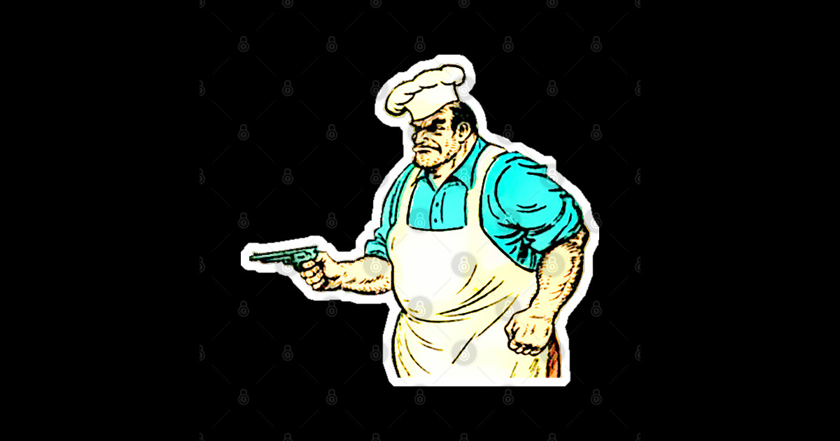 Cook armed with revolver - Murderous Gastronomy - Pin | TeePublic