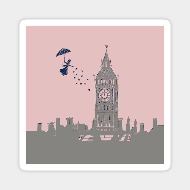 Mary Poppins Flying Over Big Ben Linocut In Pink And Grey Mary Poppins Magnet Teepublic