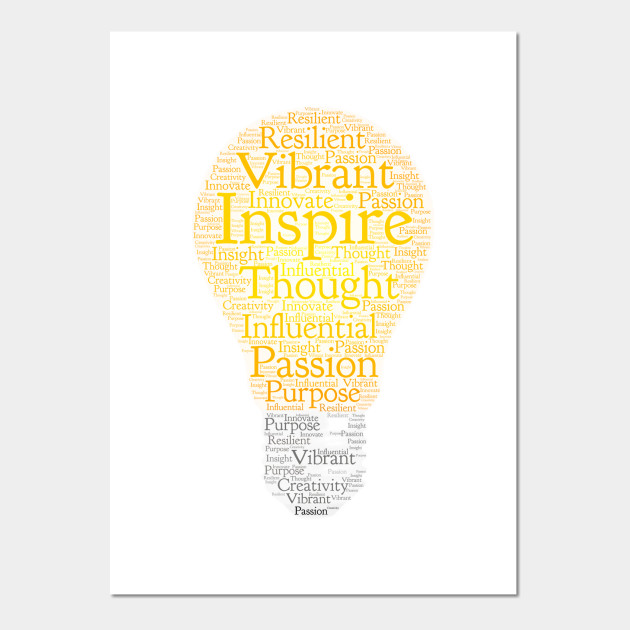 Inspire Light Bulb Word Cloud Orange Light Art - Light Bulb - Posters ...