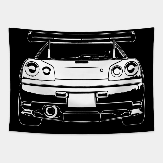 White Skyline GTR R34 Back View Sketch Art - Nissan - Tapestry | TeePublic