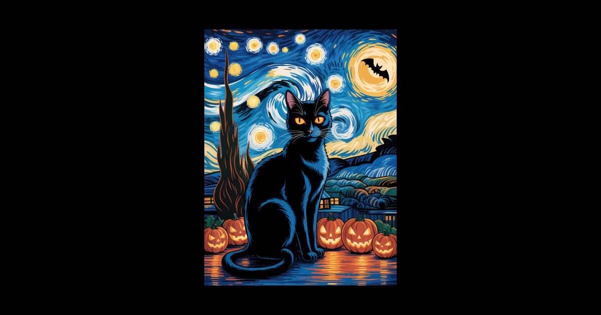Halloween Black Cat Van Gogh Starry Night Cat Lovers Cat - Halloween ...