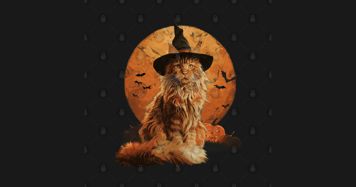 Scary Vintage Cream Maine coon Cat with Witch Hat Full Moon Halloween ...