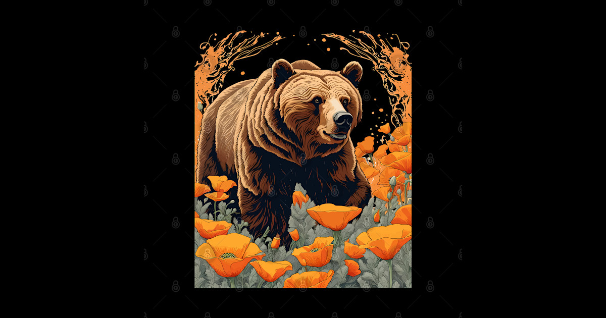 Bear Plodding Through Orange Californian Poppies - California Bear ...