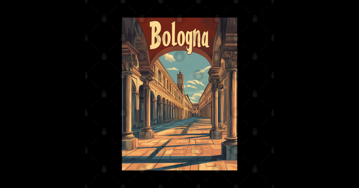 This retro travel poster showcases the beautiful arcades of Bologna ...