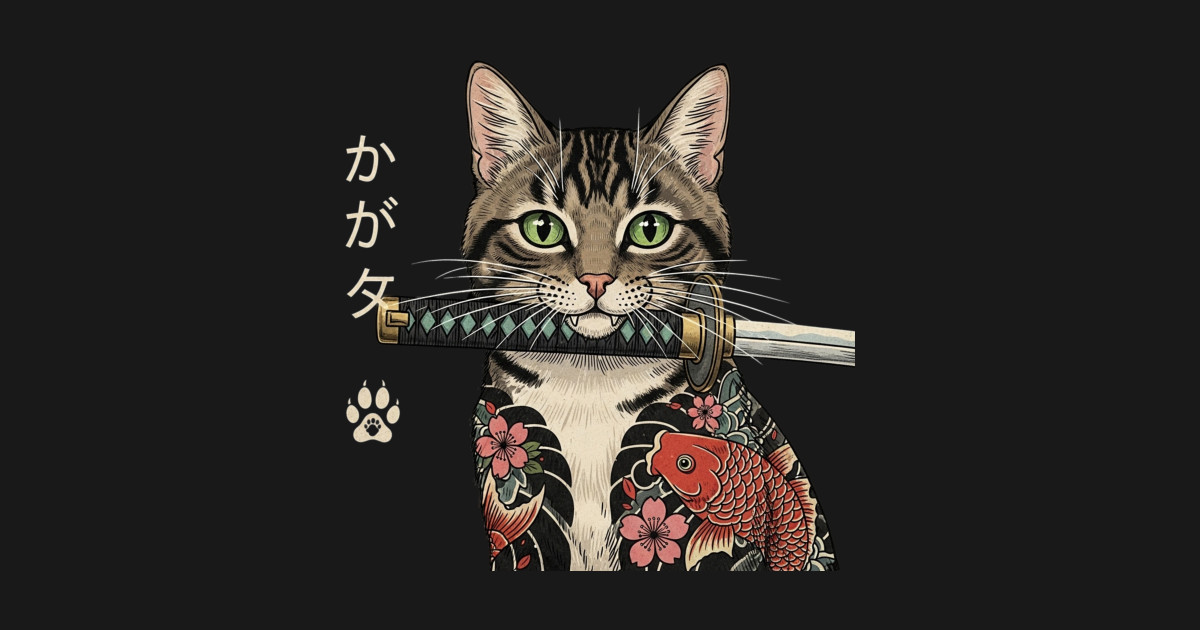 Cool Katagata Tattooed Tabby Cat Samurai Holding Sword Japanese ...