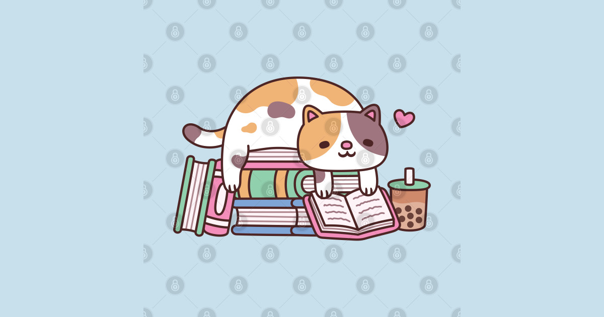 Cute Calico Cat Reading A Book On Stack Of Books - Calico Cat - T-Shirt ...