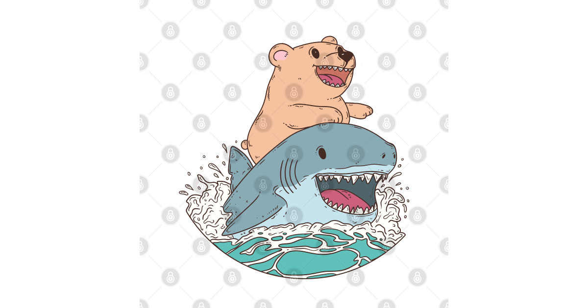 Cute Bear Riding Shark Great wave - Great Wave - T-Shirt | TeePublic