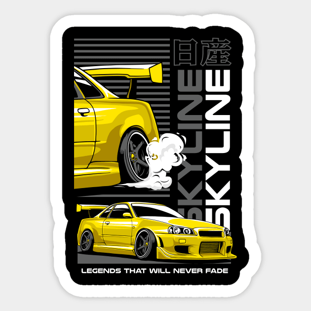 Yellow Nissan Skyline - Nissan Skyline Gtr R34 - Sticker | TeePublic