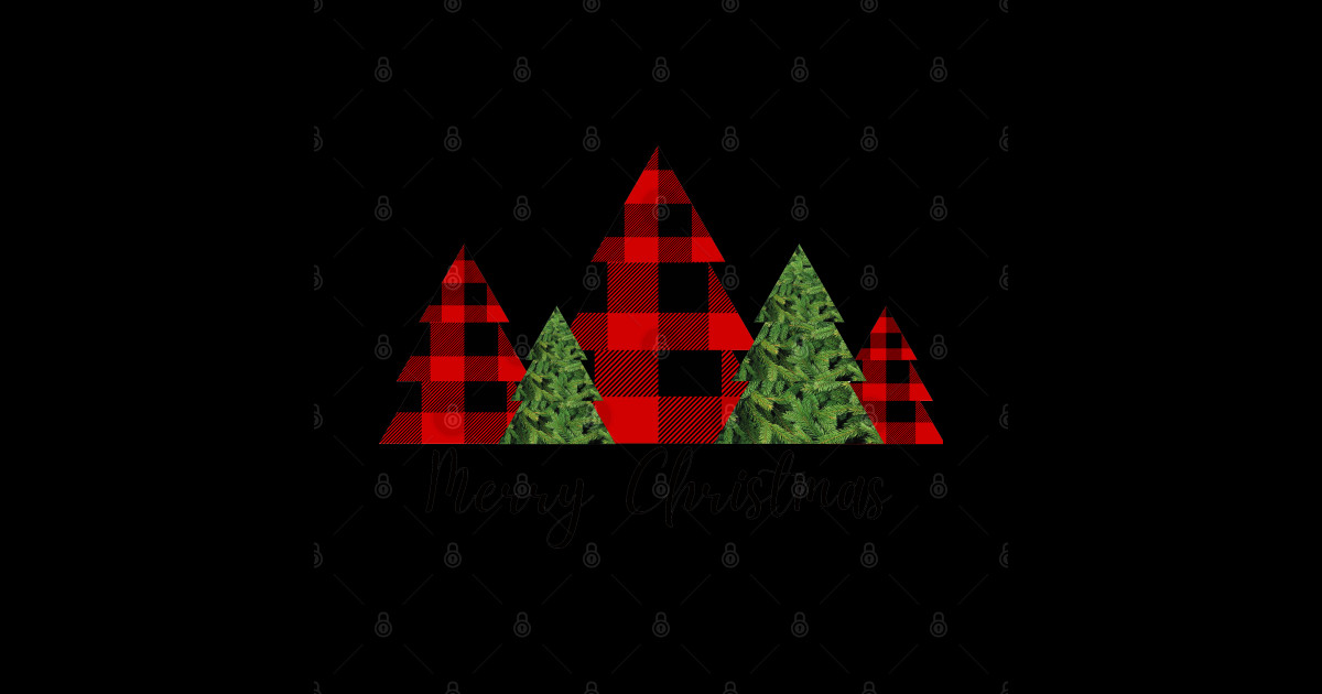 Merry Christmas in Cursive with five Pine Trees - Buffalo Plaid ...