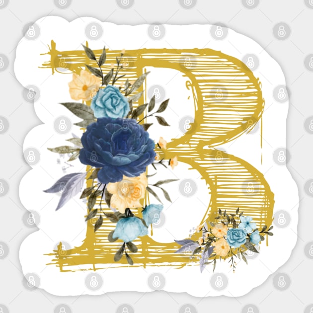 Monogram Letter B In Metallic Gold With Aesthetic Blue Flowers Botany ...