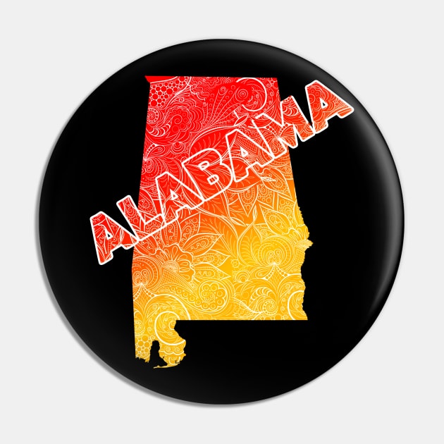 Colorful mandala art map of Alabama with text in red and orange ...