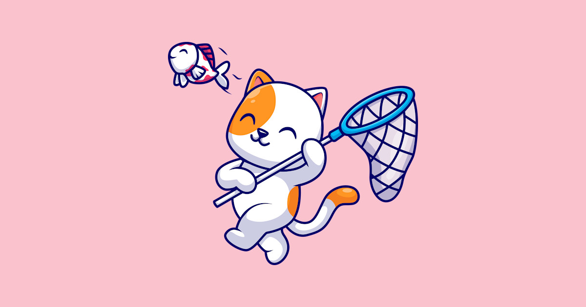 Cute Cat Catching Fish With Fishing Net Cartoon - Cute Cat Catching ...