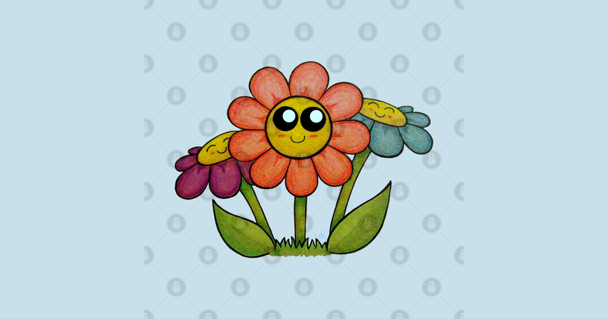Cute Happy Flowers - A Red, Purple and Blue Flower - Kawaii Flowers - T ...