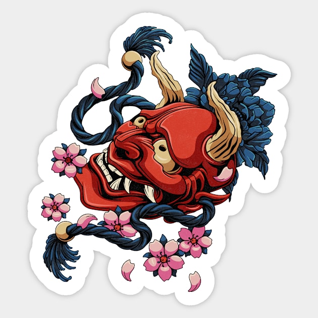 Japanese Red Oni Mask Tattoo With Sakura - Oni - Sticker | TeePublic