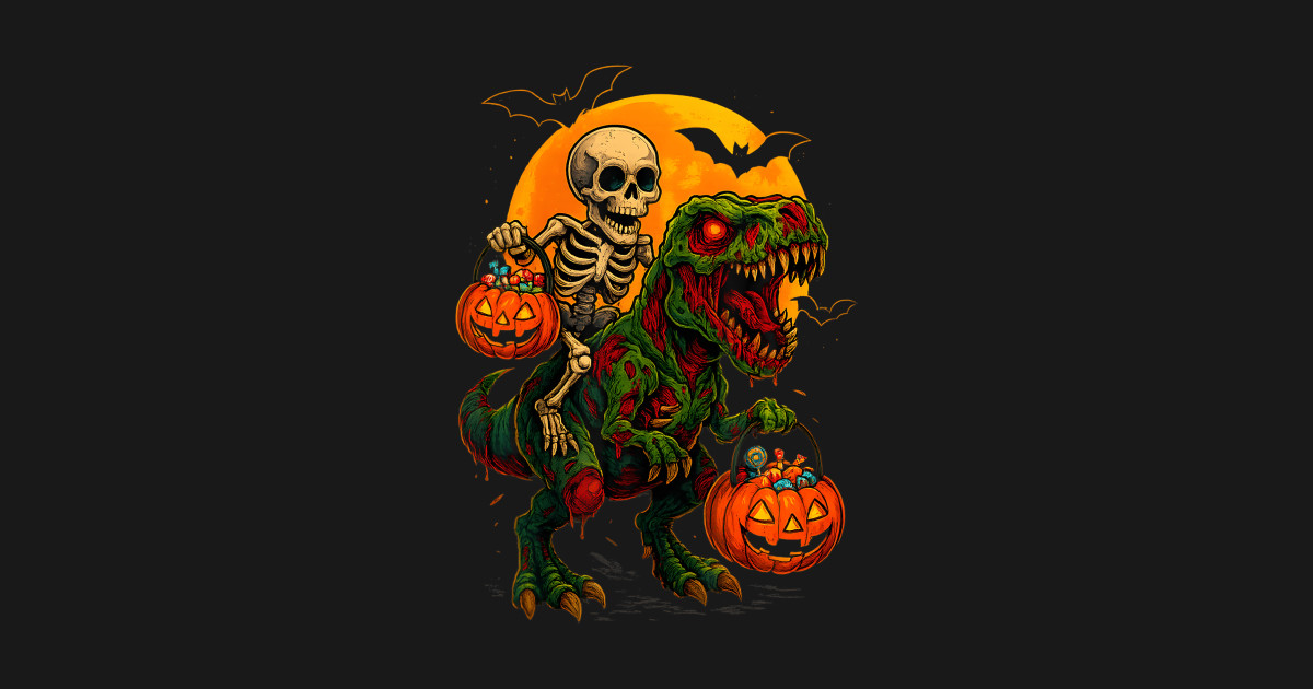 Skeleton Riding Vampire Dinosaur T Rex Halloween Pumpkin - Skeleton ...