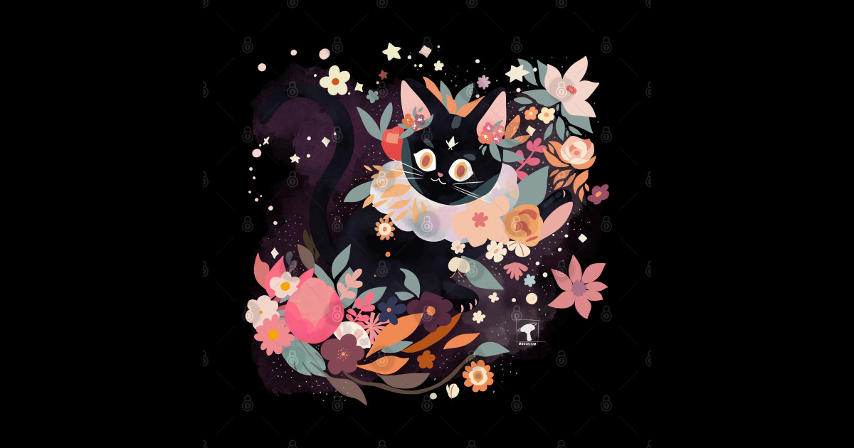A black cat in Spring - Black Cat - Sticker | TeePublic