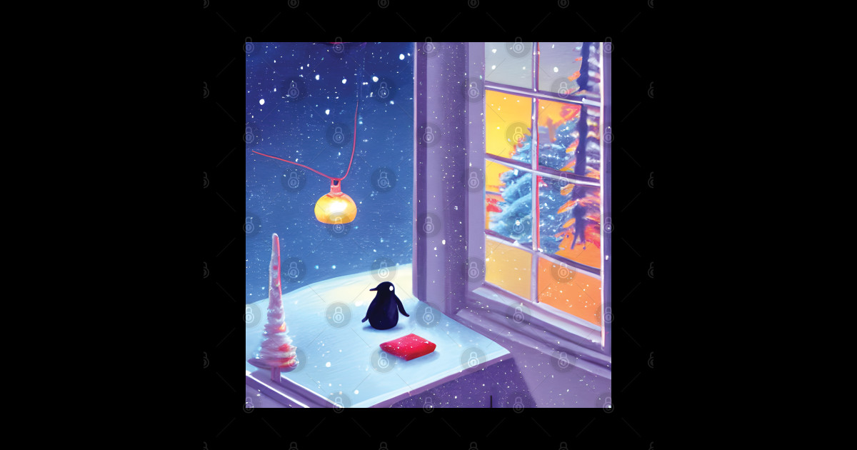 Introvert Christmas Baby Penguin Waiting For Santa Under Moonlight ...