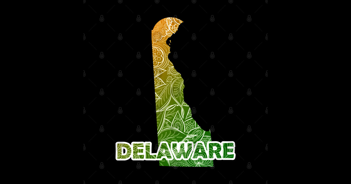 Colorful mandala art map of Delaware with text in green and orange ...