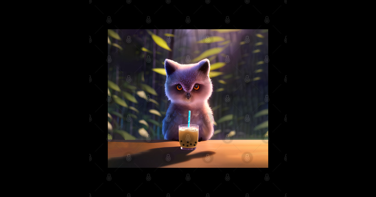 Baby Owl with boba bubble tea - Boba - Sticker | TeePublic