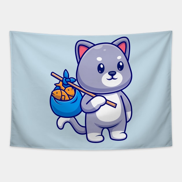 Cute Cat Bring Fish With Bag Cartoon - Cute Cat Bring Fish With Bag ...