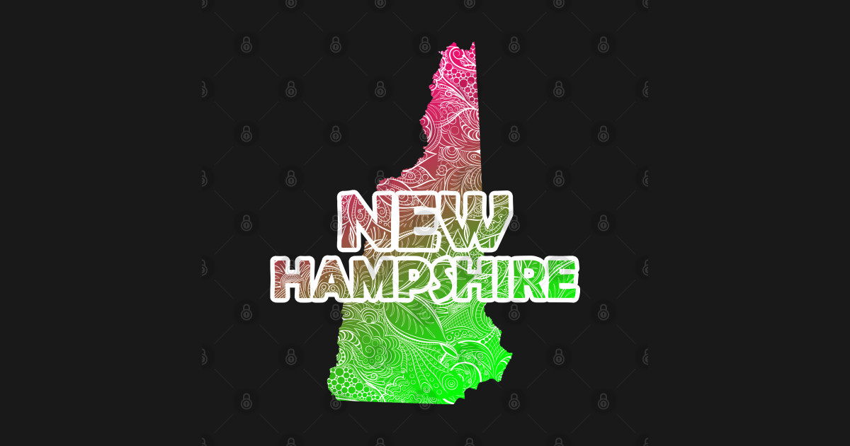 Colorful mandala art map of New Hampshire with text in pink and green - New Hampshire - T-Shirt ...