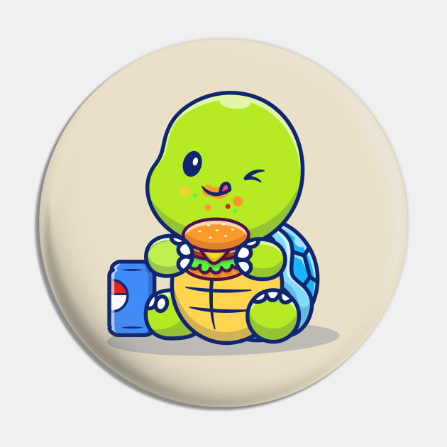 Cute Turtle Eating Burger And Soft Drink - Turtle - Pin | TeePublic