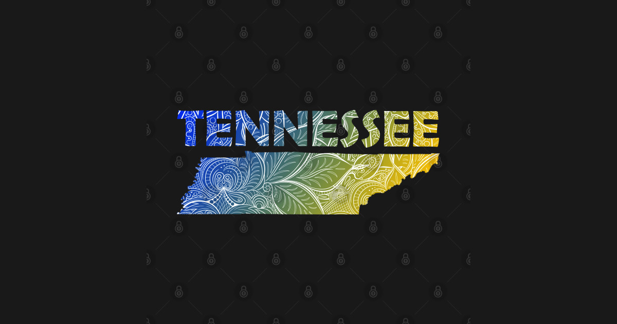 Colorful mandala art map of Tennessee with text in blue and yellow ...