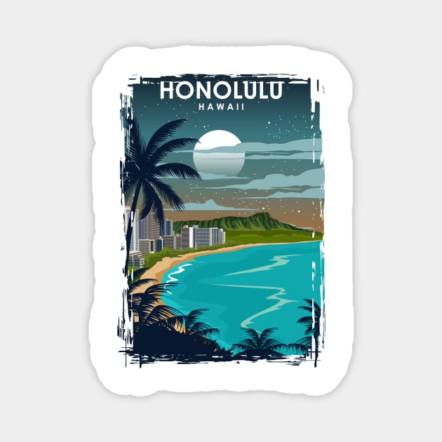 Honolulu Hawaii Travel Poster at Night - Oahu - Magnet | TeePublic