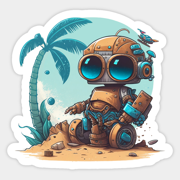 Cute little robot chilling on the beach - Cute Robot - Sticker | TeePublic
