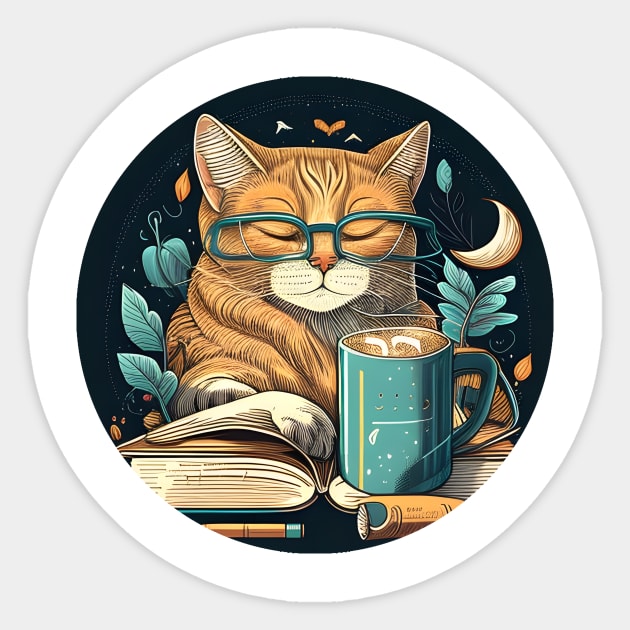 Happy Cat Reading Book - Coffee Cat Cute Kitten - Cat Coffee - Sticker ...