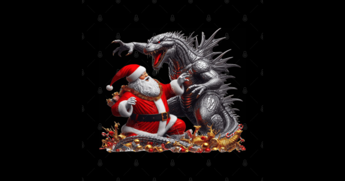 Godzilla On Christmas Attacks Santa Claus - Godzilla - Sticker | TeePublic