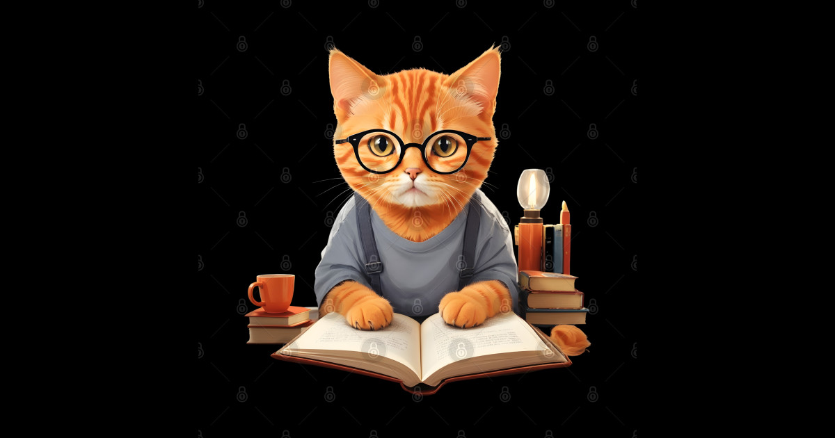 Nerd ginger cat reading book wearing glasses - Funny Cat Reading ...