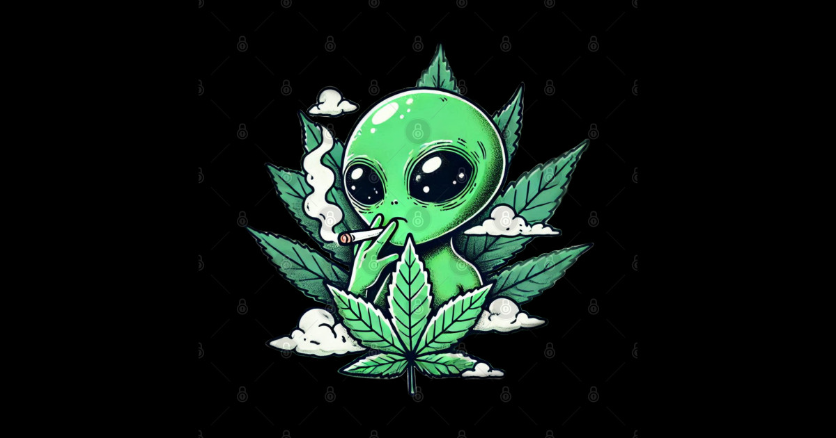 Stoned Smoking Alien high dope 420 weed leaf - Weed - Sticker | TeePublic