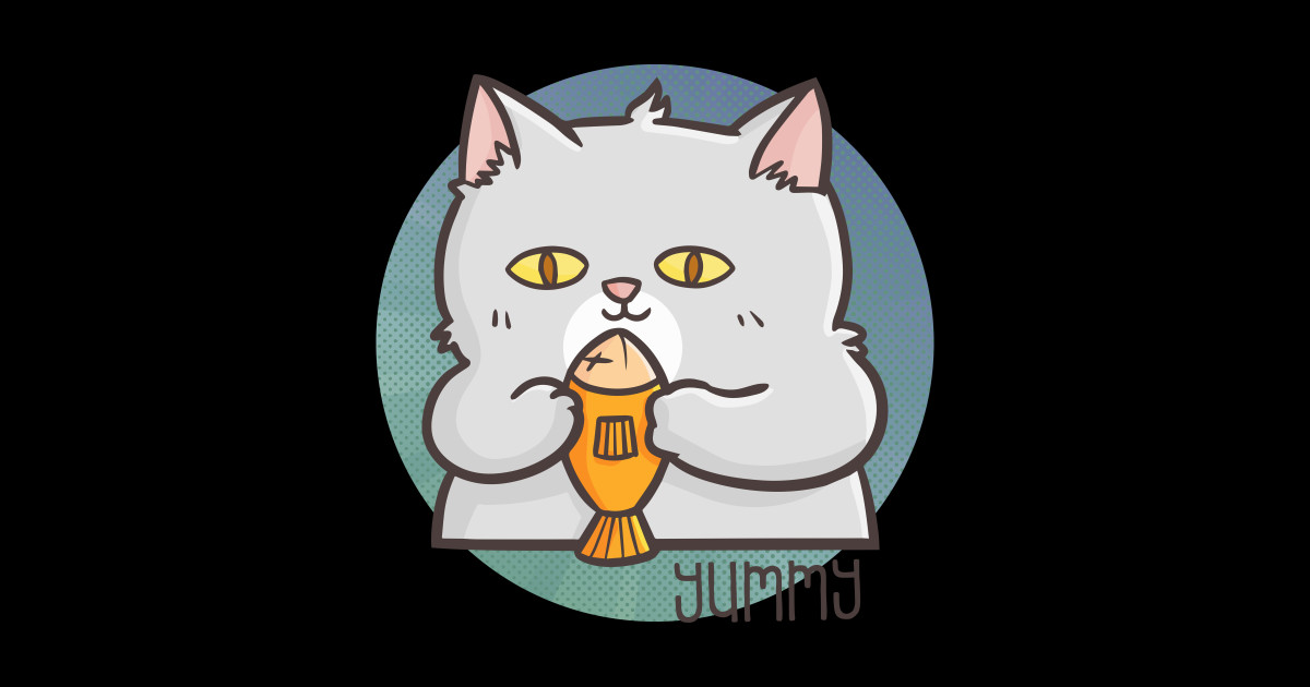 Funny Cute Fat Cat Holding a Fish - Cat Eating Fish - Sticker | TeePublic