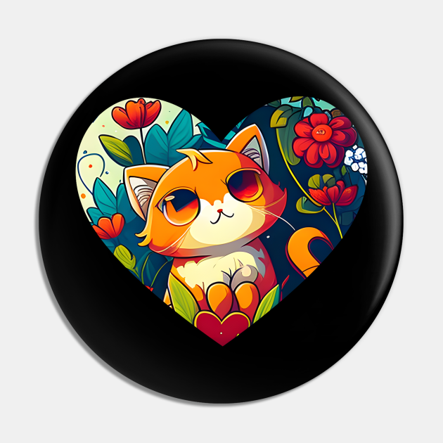 Cute Cat Heart In The Garden - Cat Flowers - Cats - Pin | TeePublic