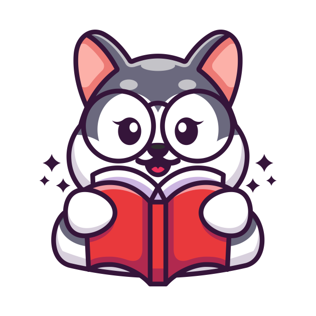 Cute husky reading book cartoon - Cartoon - T-Shirt | TeePublic