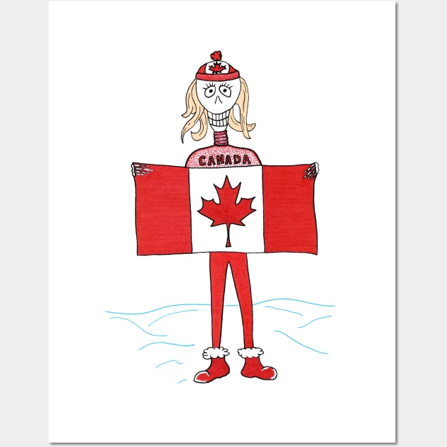 Skeleton Canadian Blonde Woman Holding Canada Flag in Snow - Skeleton ...