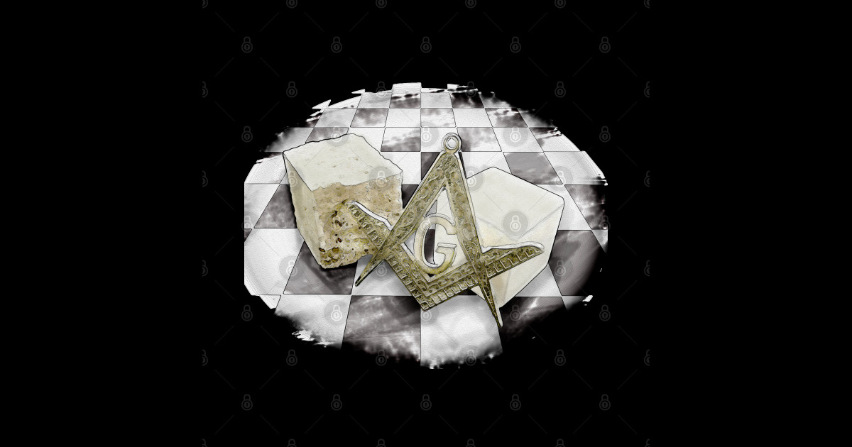 Masonic symbols, with chess board, square and compass, G letter and ...