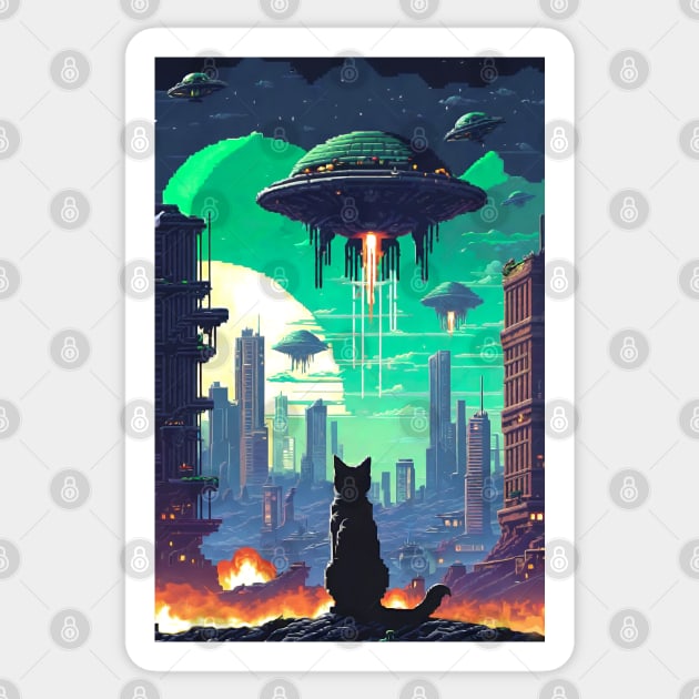 Pixel Art - City Cats (Aliens Invasion) - Cat - Sticker | TeePublic