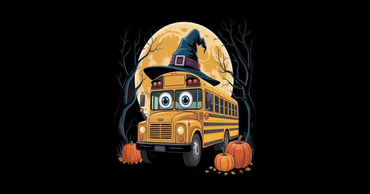 Halloween School Bus with Witch Hat and Pumpkins Spooky - Halloween ...