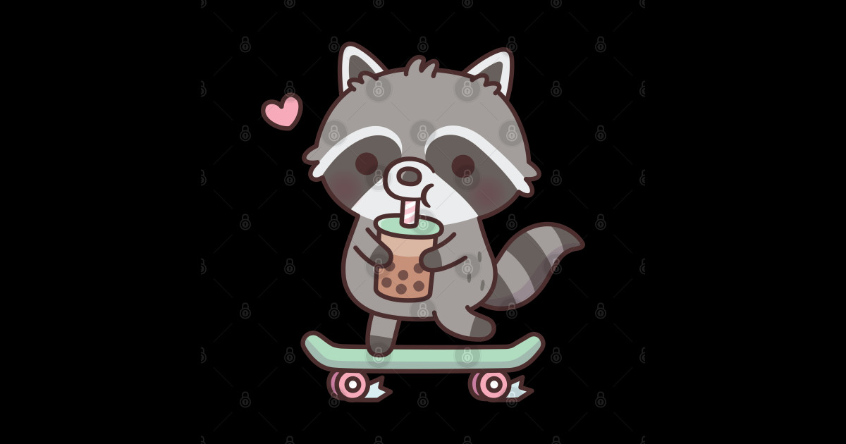 Cute Skateboarding Raccoon Drinking Boba Tea - Cute Raccoon - Sticker ...