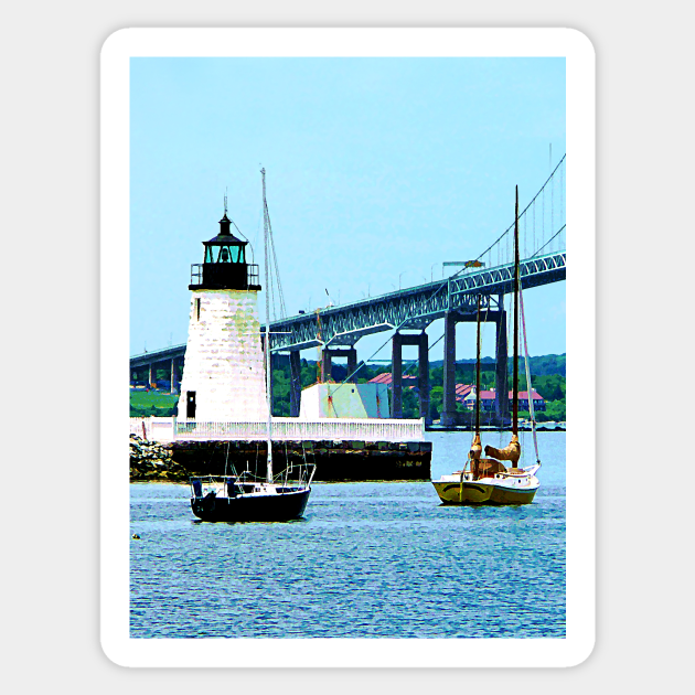 Newport RI - Lighthouse Bridge and Boats - Newport Ri - Sticker | TeePublic